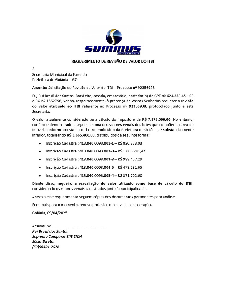 Requerimento de Revisão de Valor Do Itbi | PDF