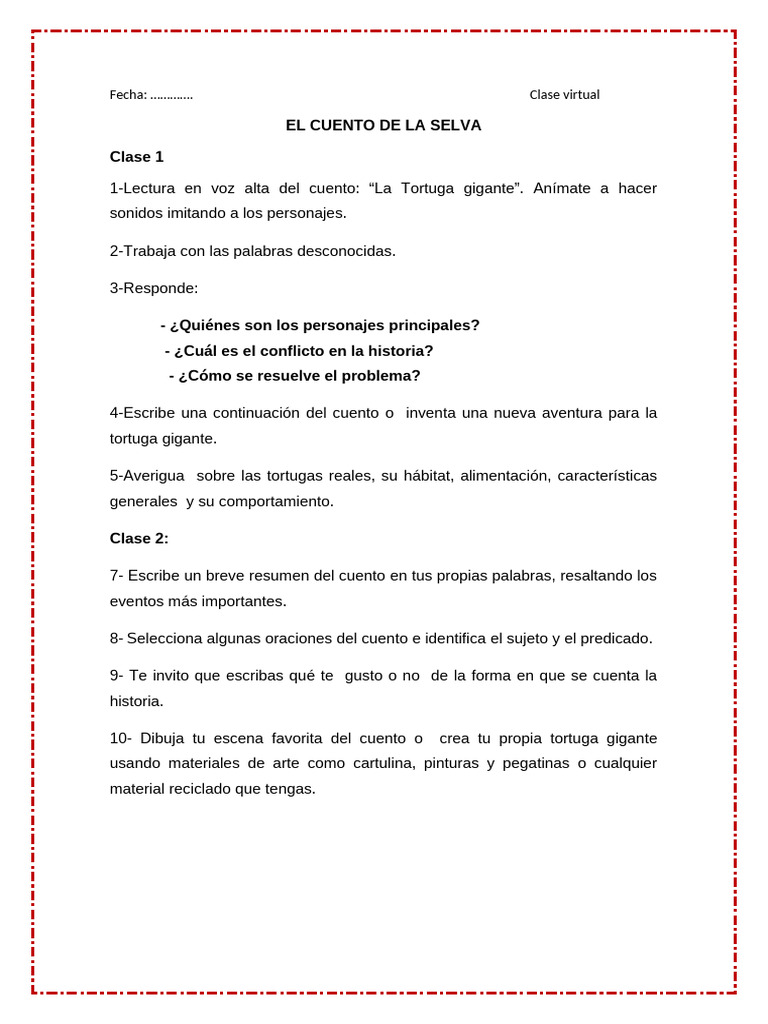 Actividades del Cuento "La Tortuga Gigante" | PDF