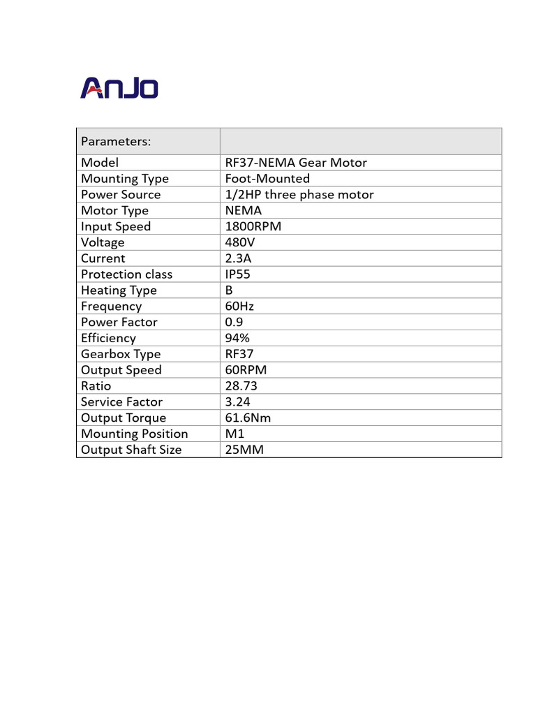 Anjo Motors RF37-NEMA Gear Motor Specs | PDF