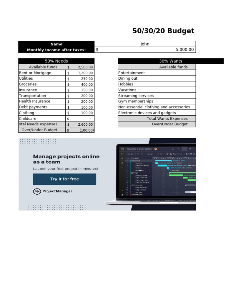 50 30 20 Budget Template WLNK | PDF