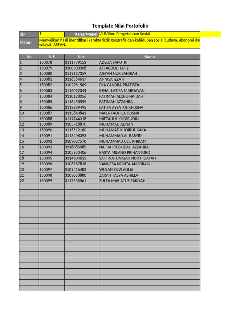 Template Nilai Portofolio IPS Kelas VI.B | PDF