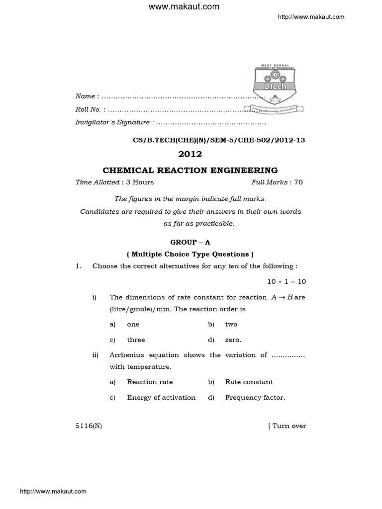 Btech Che 502 Chemical Reaction Engineering 2012 | PDF | Reaction Rate Constant | Chemical Reactions