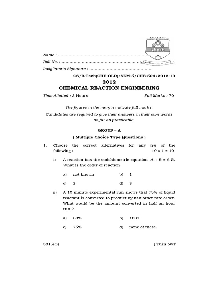 Btech Che 5 Sem Chemical Reaction Engineering s3 2012 | PDF | Chemical Reactions | Reaction Rate