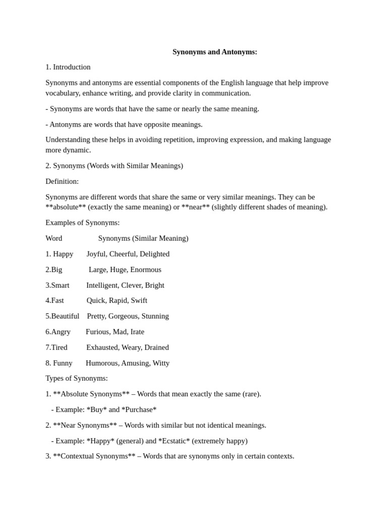Synonyms and Antonyms Notes and Exercise | PDF | Lexical Semantics