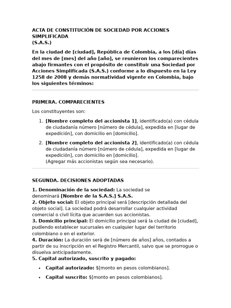 Acta de Constitución de Sociedad Por Acciones Simplificada | PDF | Compartir (Finanzas ...