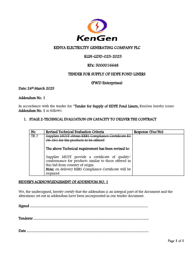 Addendum 1: HDPE Pond Liners Tender | PDF