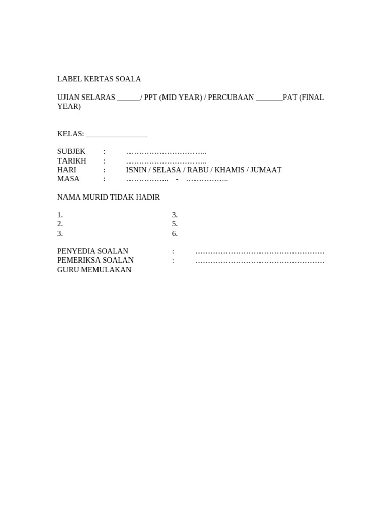Format Label Kertas Soalan Ujian | PDF