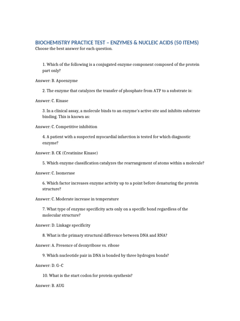 Biochem Practice Test Enzymes NucleicAcids | PDF | Enzyme | Biosynthesis