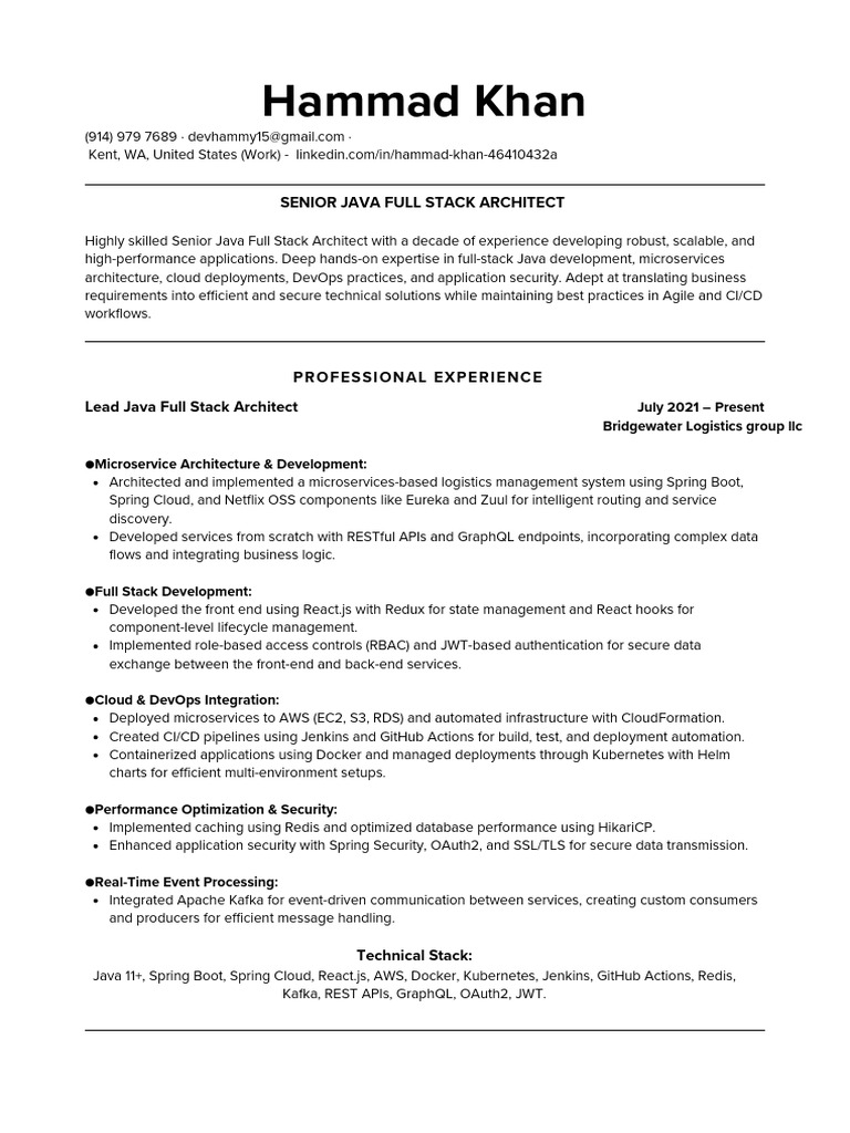 Hammad Khan Java Resume | PDF | Java (Programming Language) | Spring Framework