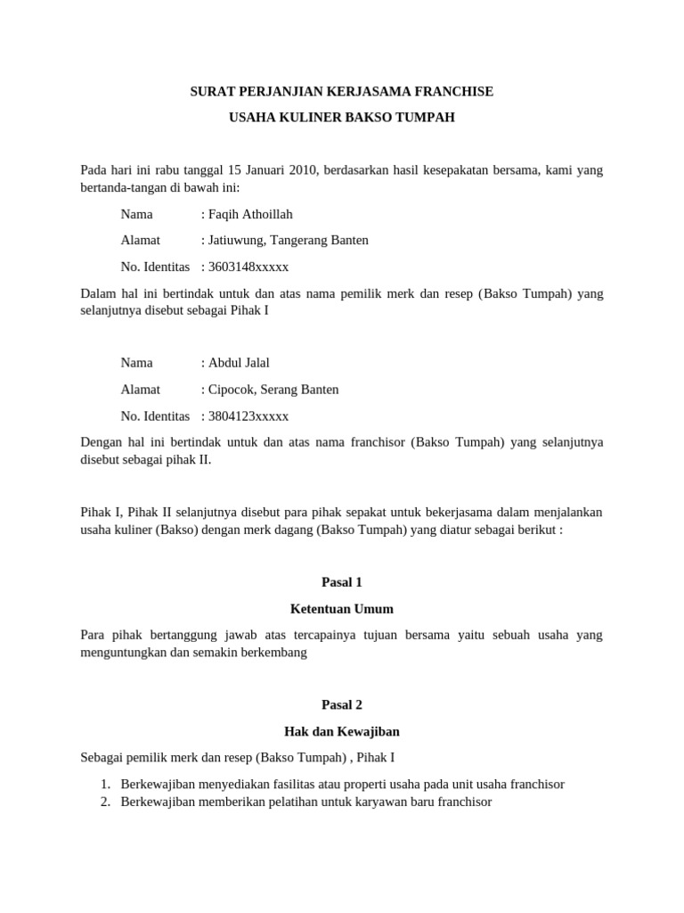 SURAT PERJANJIAN KERJASAMA FRANCHISE Faqih | PDF