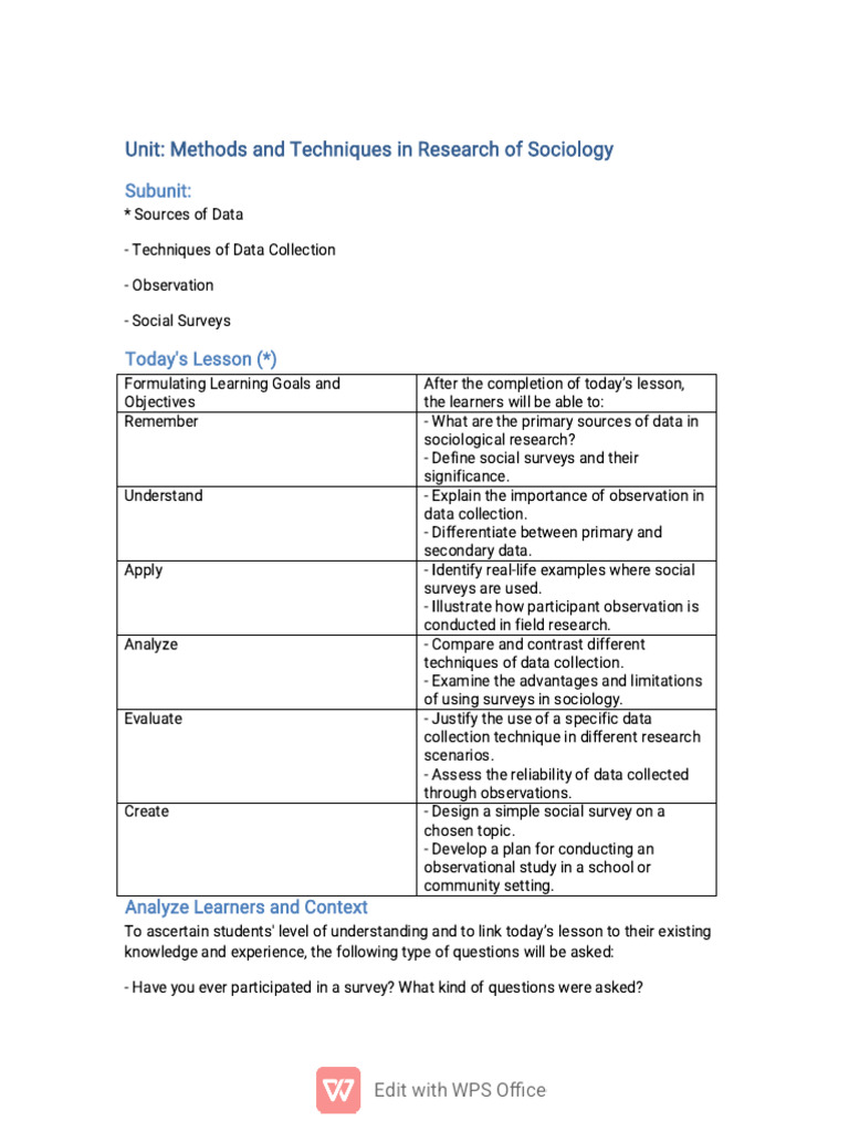 Lesson Plan Methods Techniques Sociology | PDF | Learning | Social Research