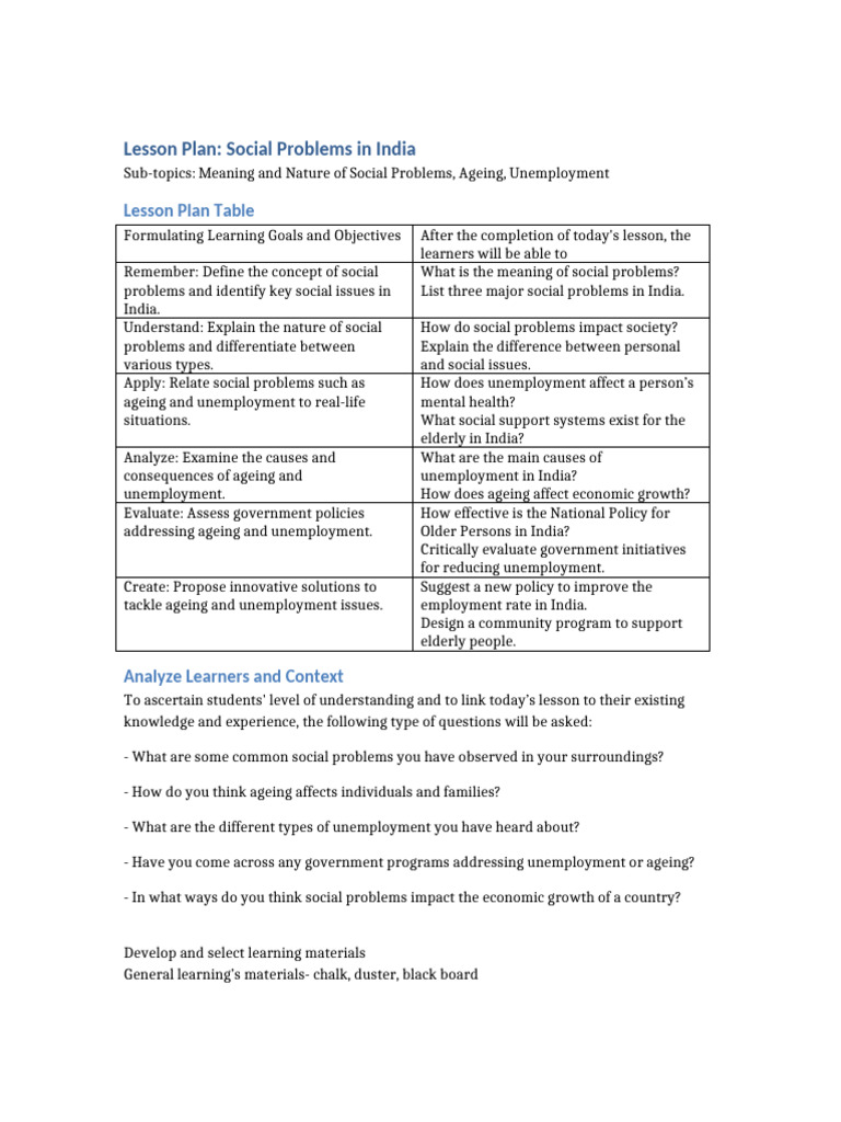Social Problems Lesson Plan | PDF | Unemployment | Ageing