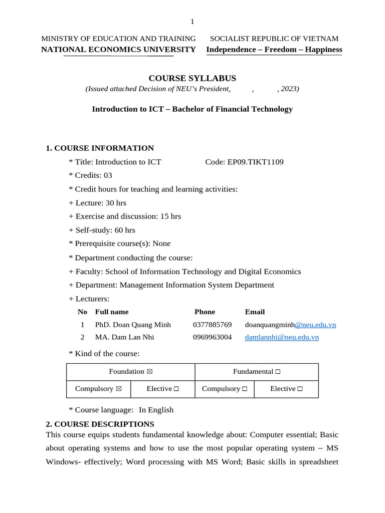 Fintech - Syllabus - Introduction To ICT-3 | PDF | Microsoft Excel | Skill