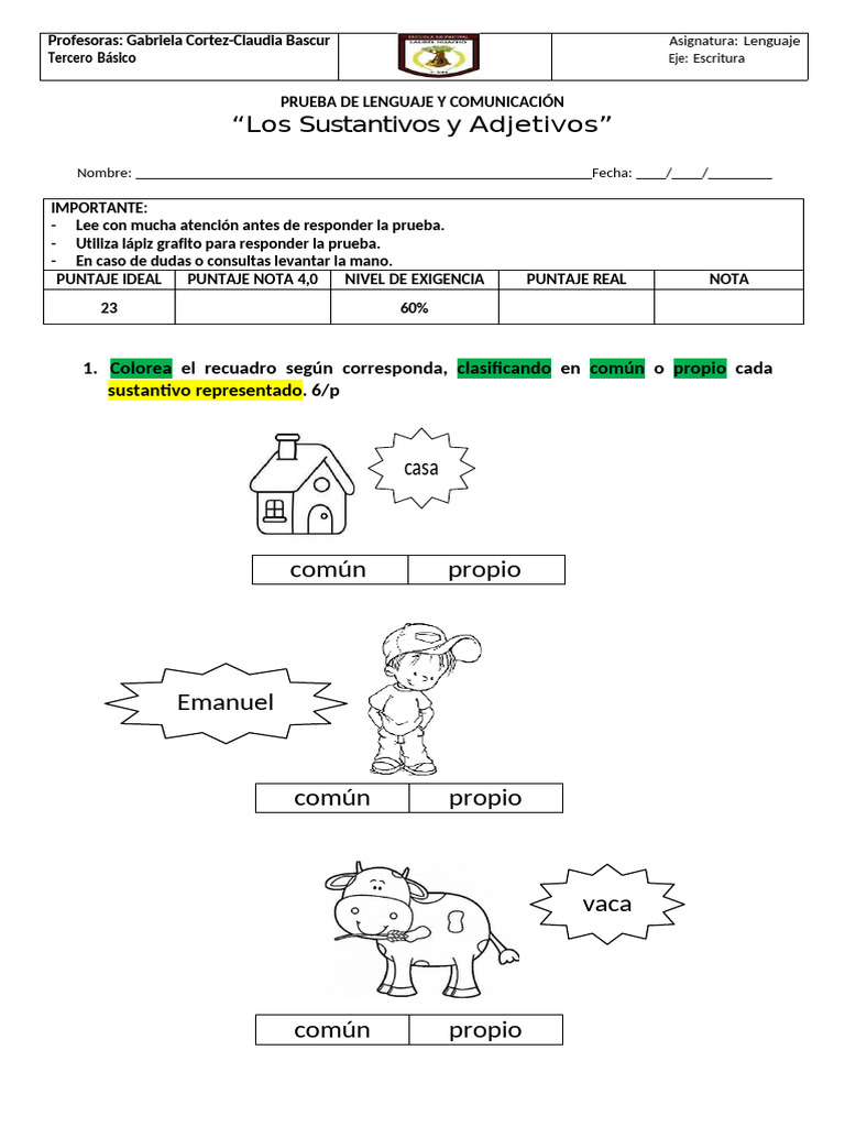 Prueba Tercero Básico Sustantivos y Adjetivos | PDF