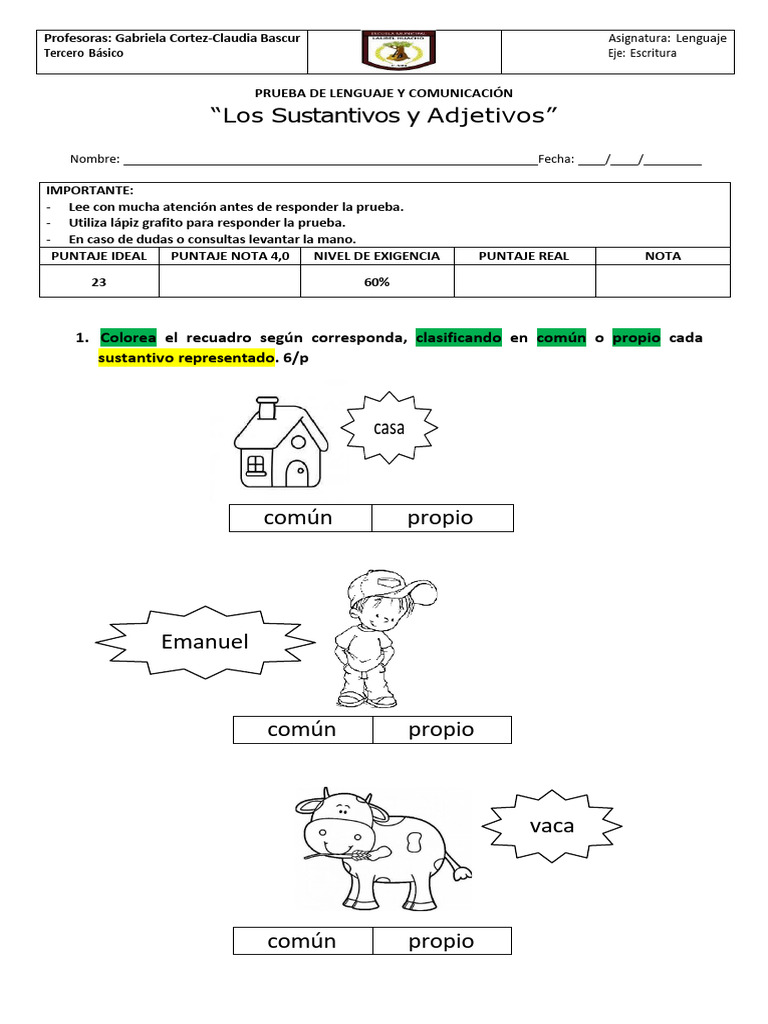 Prueba Tercero Básico Sustantivos y Adjetivos | PDF