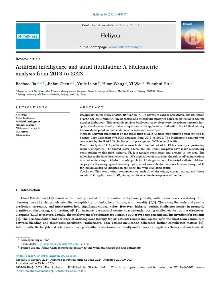 Artificial Intelligence and Atrial Fibrillation - A Bibliometric Analysis From 2013 To 2023 ...