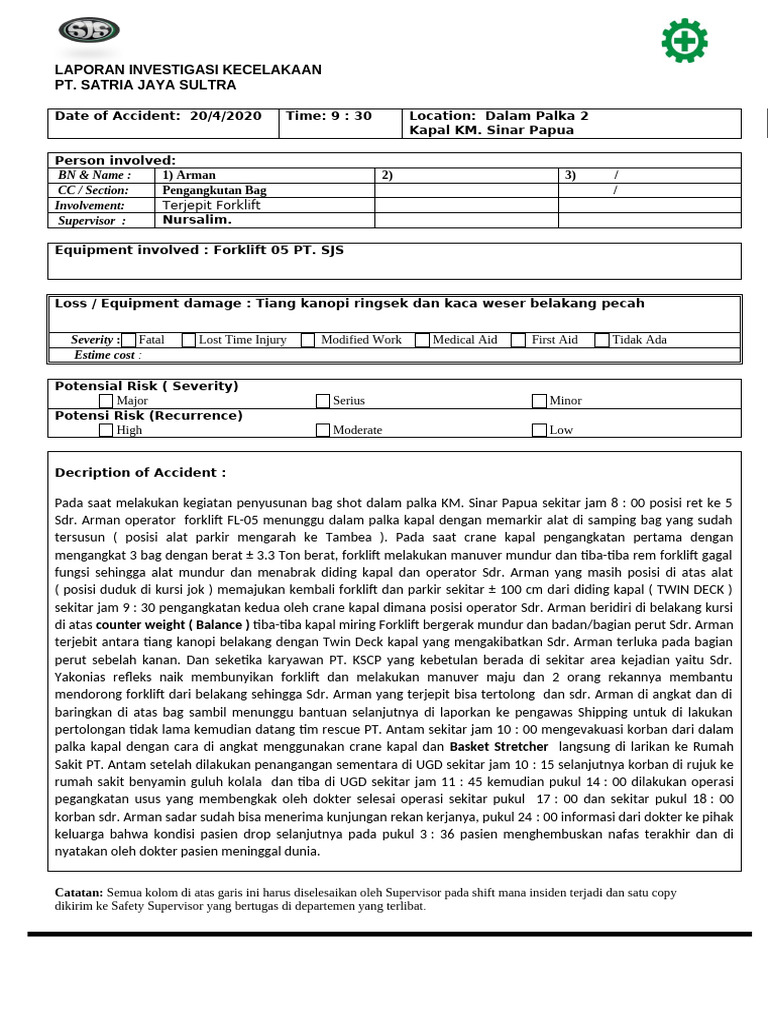 Form Infestigasi Kecelakaan (Arman) (V.4) | PDF