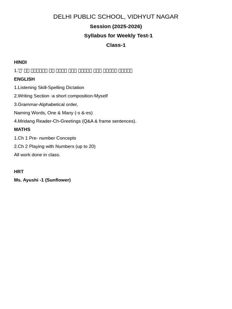 Weekly Test Syllabus Class-1. | PDF