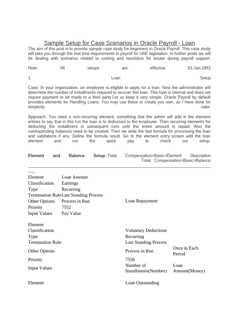 Sample Setup For Case Scenarios in Oracle Payroll LOAN | PDF | Loans ...