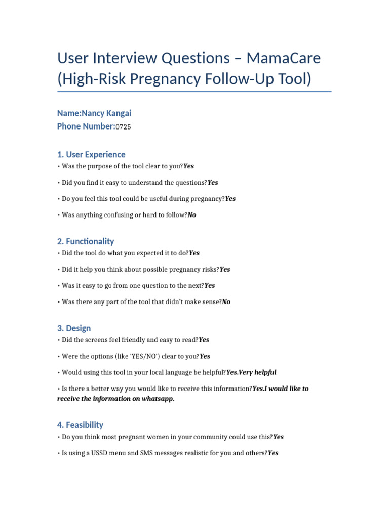 MamaCare User Interview Questions 2 | PDF