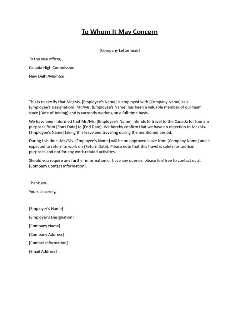 Noc - Format From Employer (Ca) | PDF