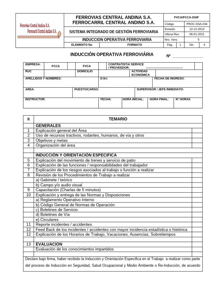 SIGF-FROC-SSA-034 Induccion Operativa Ferroviaria v5 | PDF | Seguridad y salud ocupacional | Tren