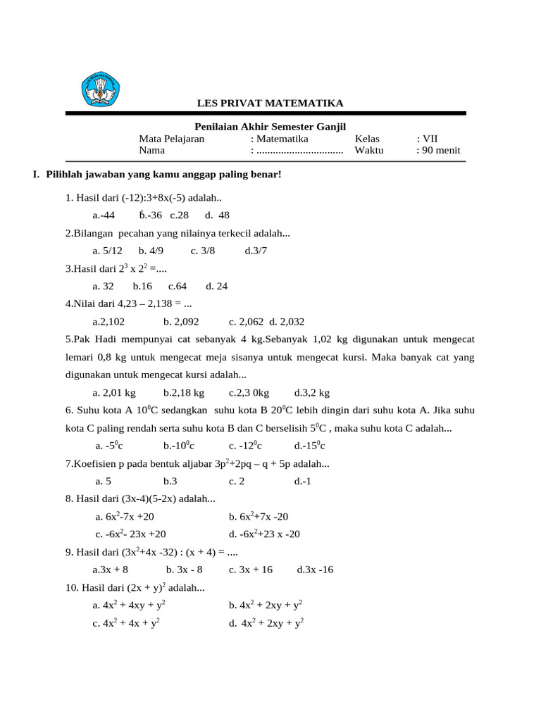 Soal PAS MTK KLS 7 VERSI 1.revisi | PDF