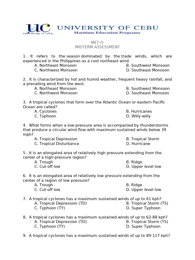 2 Met o Midterm Assessment | PDF | Tropical Cyclones | Water Vapor