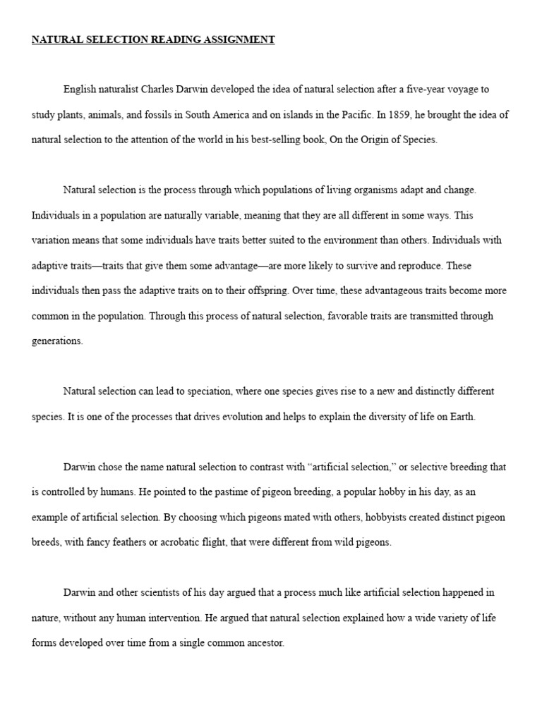 NATURAL SELECTION READING ASSIGNMENT - Google Docs | PDF | Natural ...