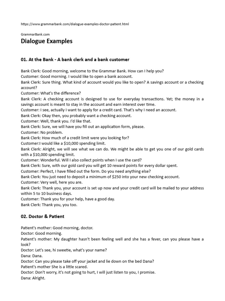 grammar bank - dialogue examples | PDF | Banks | Transaction Account