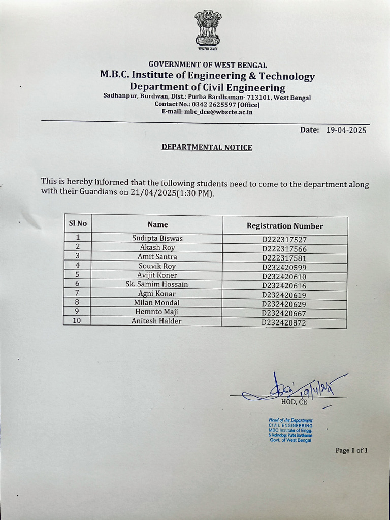 Civil Engineering Department Notice | PDF