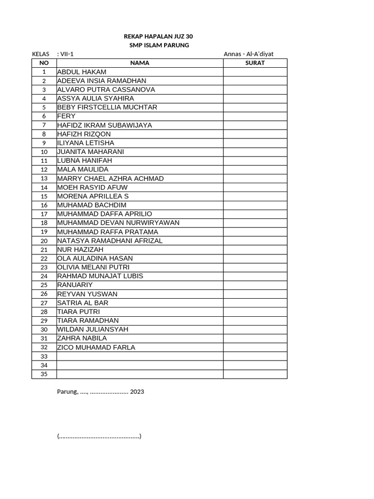 Rekap Nilai Hapalan PTS Ganjil | PDF