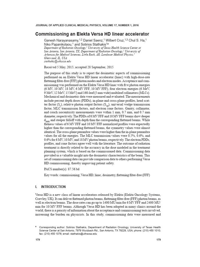J Applied Clin Med Phys - 2016 - Narayanasamy - Commissioning An Elekta Versa HD Linear ...