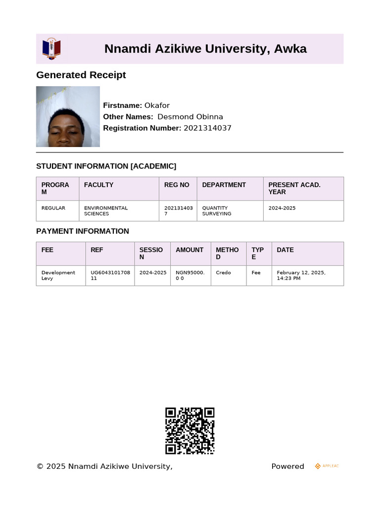 Development Levy FEE RECEIPT2024-2025 | PDF