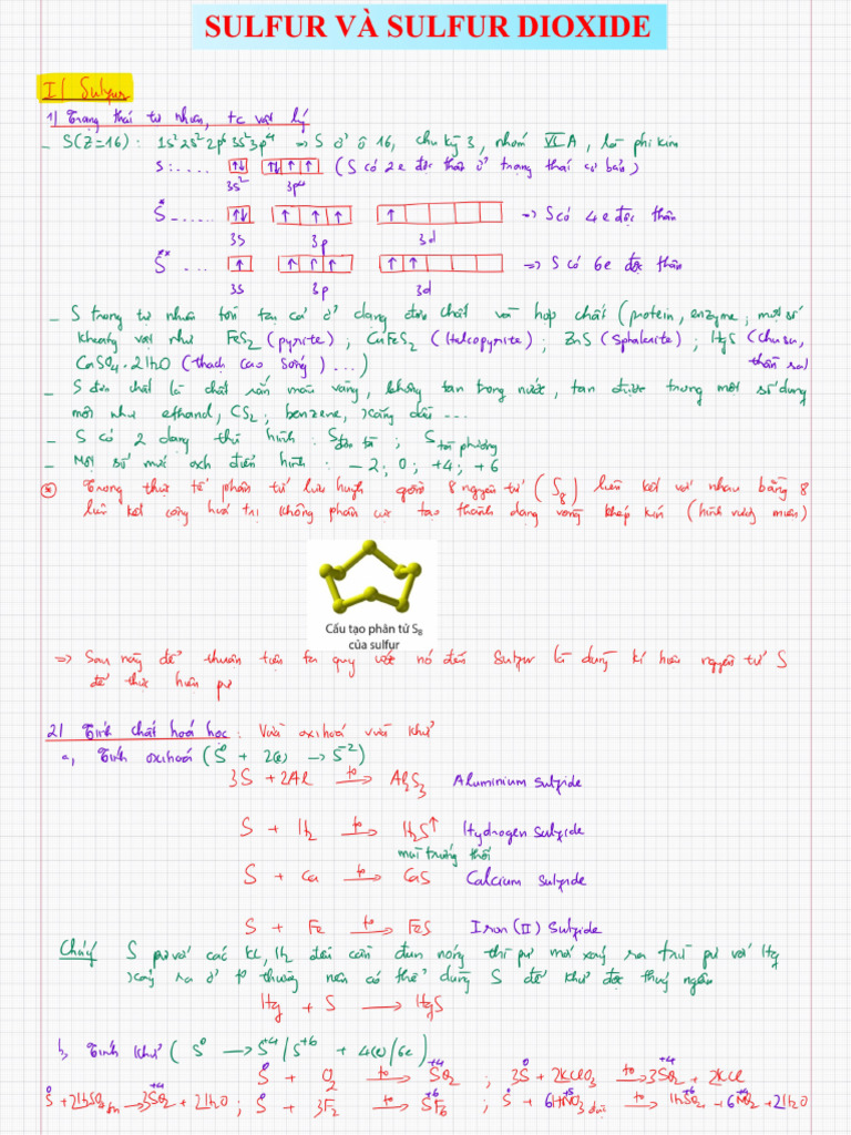 Lý Thuyết Sulfur Và Sulfur Dioxide-Viết Tay | PDF