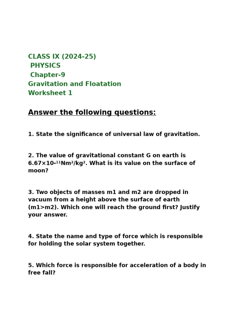 CH 9 Gravitation Worksheet | PDF