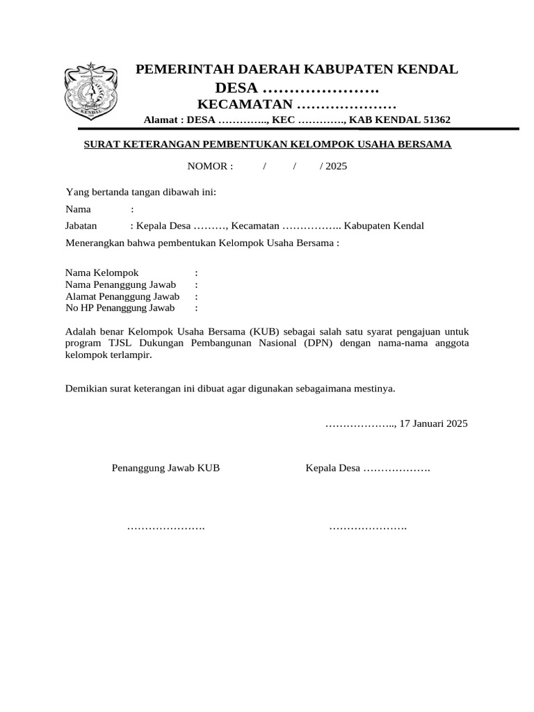 Surat Keterangan Pembentukan KUB Kendal | PDF