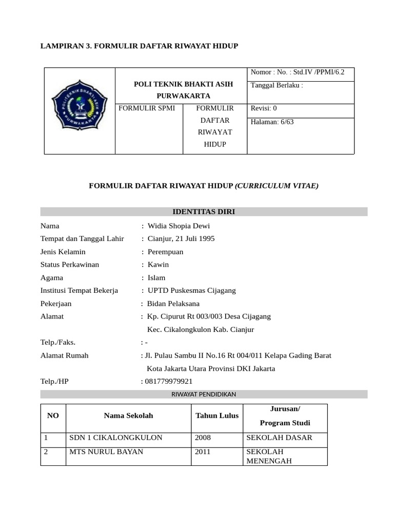 3. BIODATA (CV) PEMOHON RPL TIPE A TRANSFER KREDIT | PDF