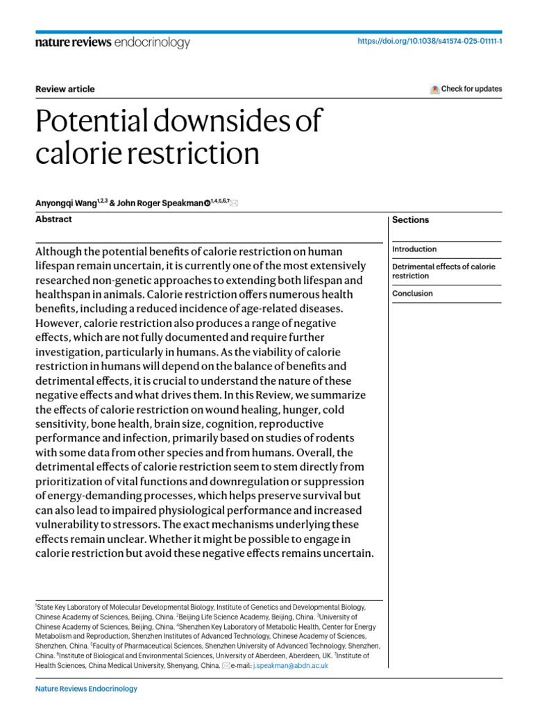 NATURE - Potential Downsides of Calorie Restriction (Wang y Speakman ...