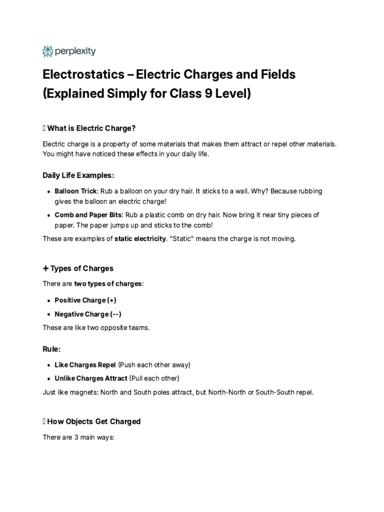 Electrostatics - Electric Charges and Fields (Ex | PDF | Electric Charge | Electric Field