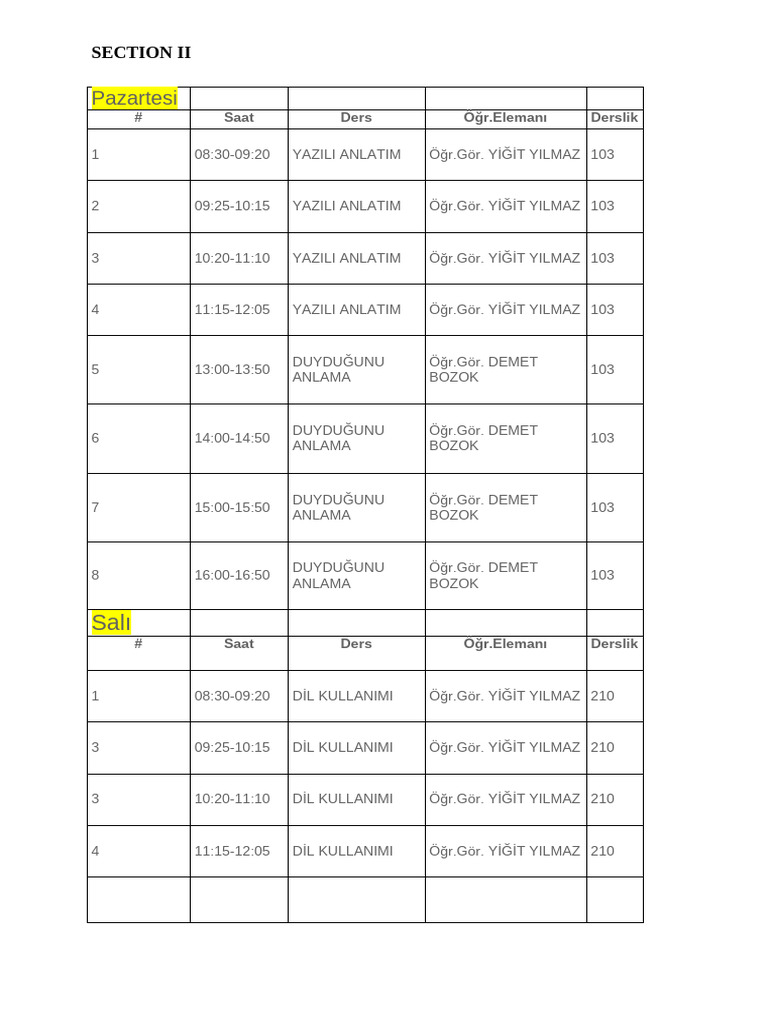 Section II - 2023-24 Hazirlik Sinifi Ders Programi Yeni 10.10.2023 | PDF