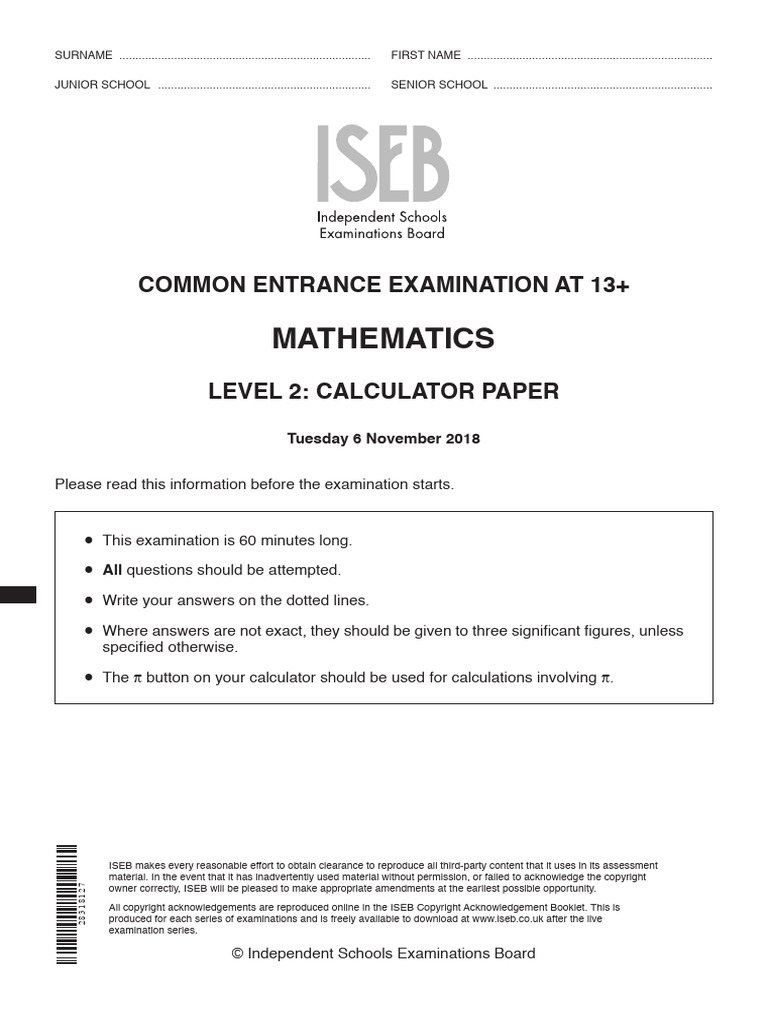13+ Mathematics Calculator Exam Paper | PDF | Area | Circle