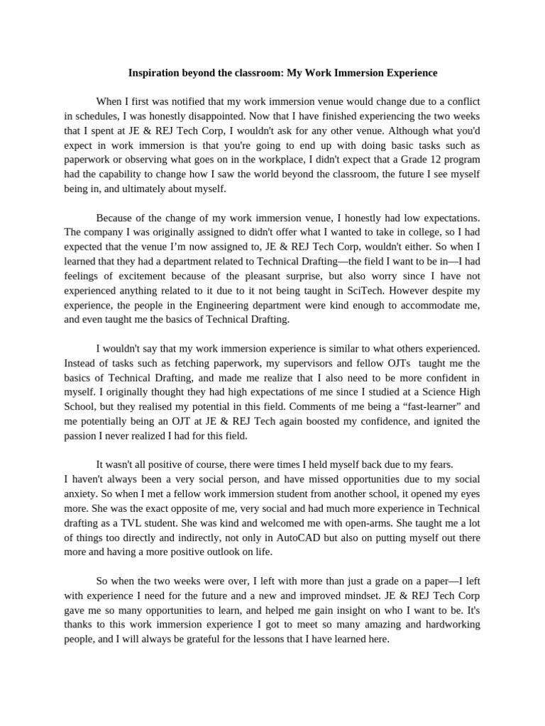 Inspiration Beyond the Classroom- My Work Immersion Experience | PDF