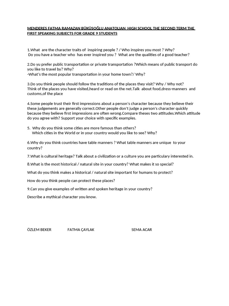 Grade 9 Speaking Subjects | PDF