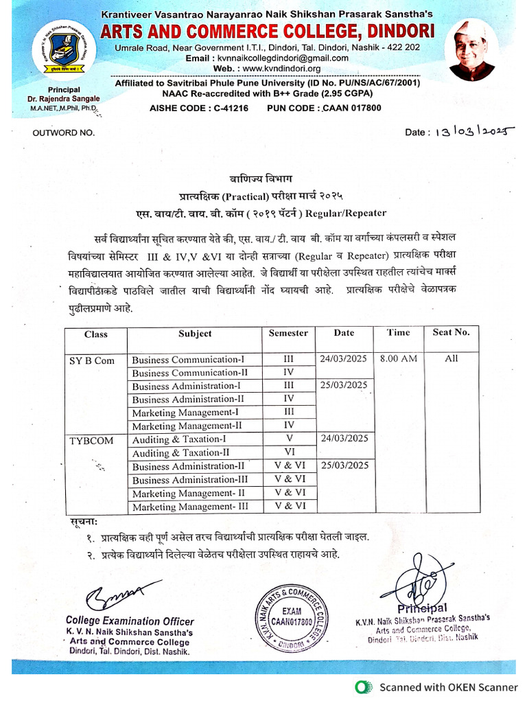 SYTY-BCom Practical Exam Timetable March 2025 | PDF