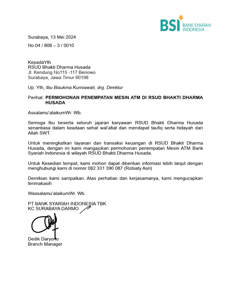 Surat Permohonan Penempatan Atm Rsbdh_ditandatangani | PDF