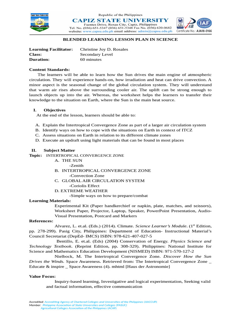 Lesson Plan in Science ITCZ - Rosales | PDF | Atmosphere Of Earth | Wound