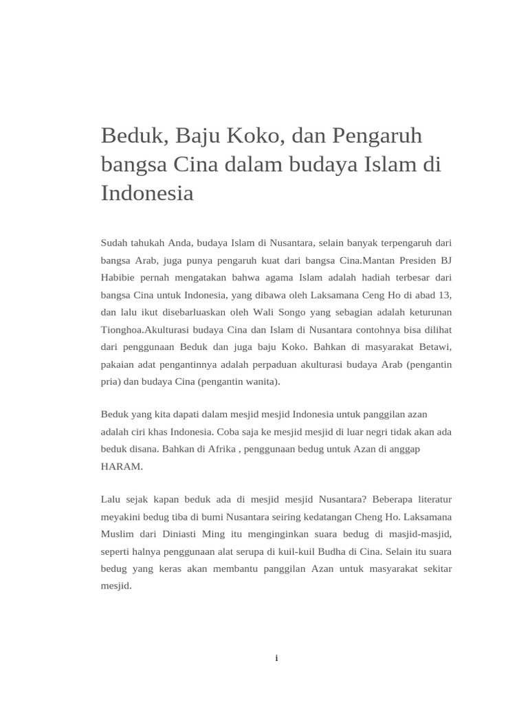 Budaya Cina Dalam Islam - Beduk, Baju Koko - Docx | PDF