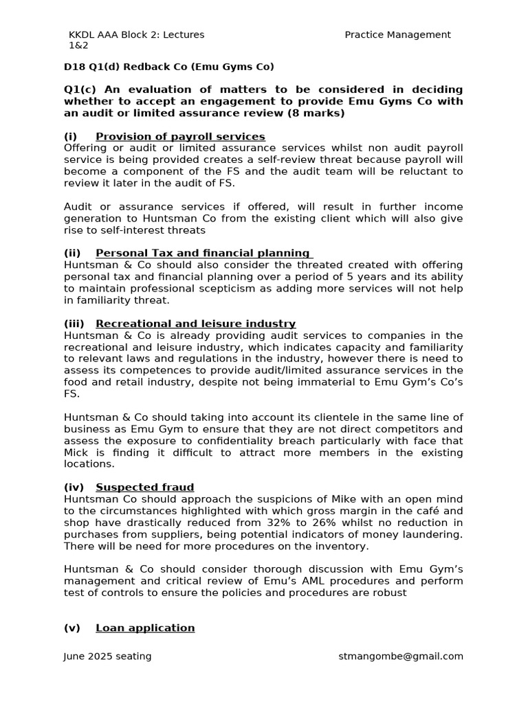 AAA 2018.Dec Q1(d) Redback Co (Emu Gyms Co) - Assignment (S. Mangombe) | PDF | Audit | Business