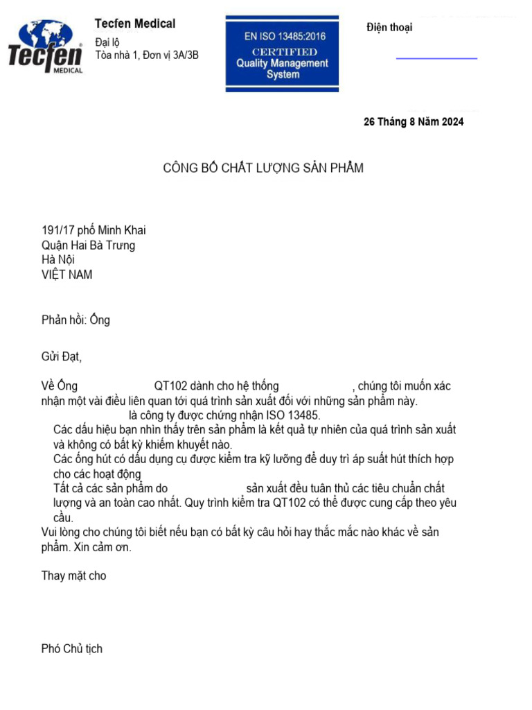 Dịch Tecfen Declaration of Product Quality | PDF